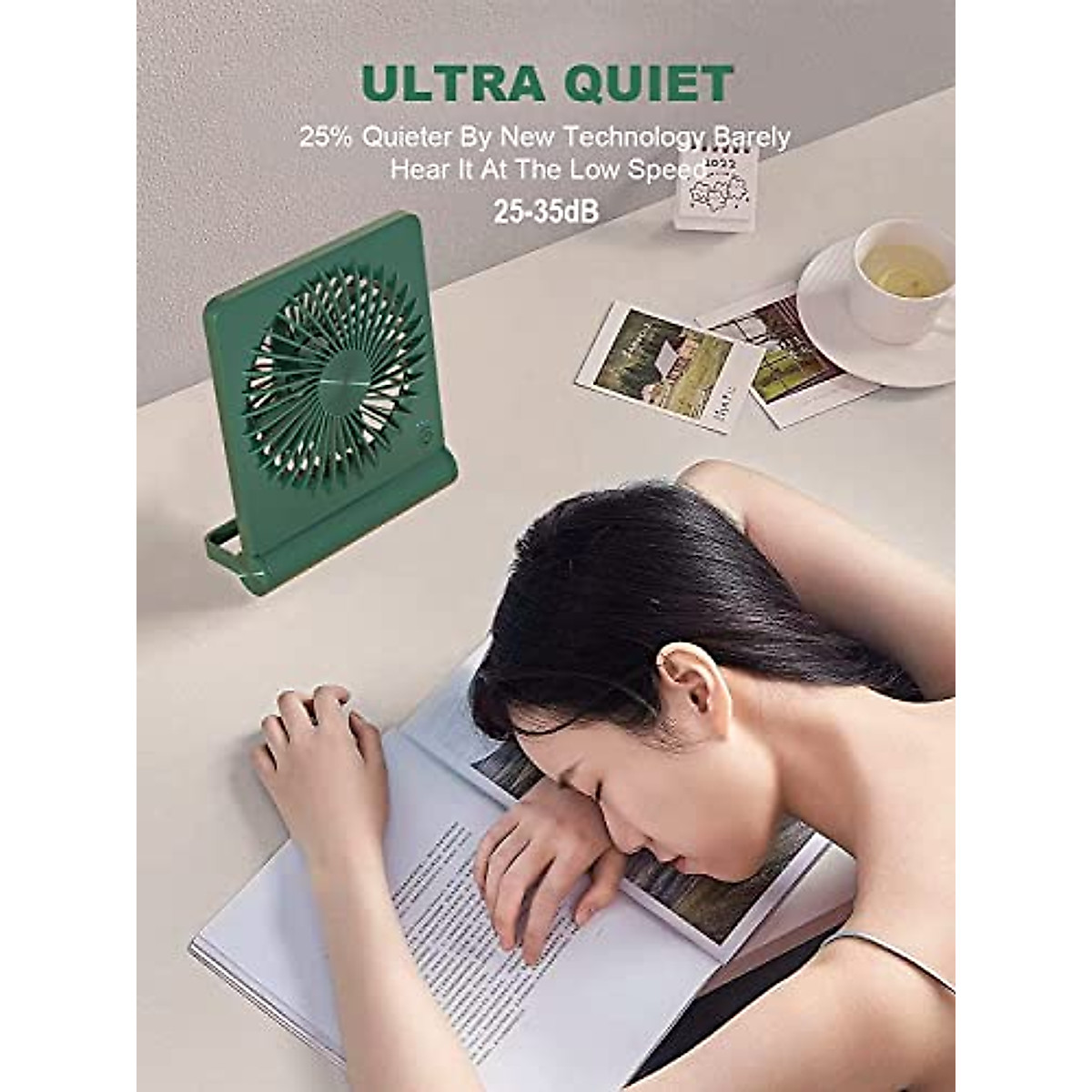 Tevelecin Small Desk Fan, 2000mAh Rechargeable USB Fan Battery Operated,Ultra Quiet, Strong Wind, 3 Speeds & about 4-12 Hours Longer Working, 180°Foldable Mini Desktop Fan for Home Office Travel Outdoor-Green