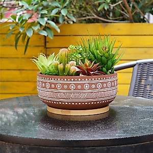 Thirtypot 8 Inch Terracotta Succulent Planter Pot with Drainage Hole and Bamboo Tray, Round Shallow Bonsai Pot for Indoor Plants