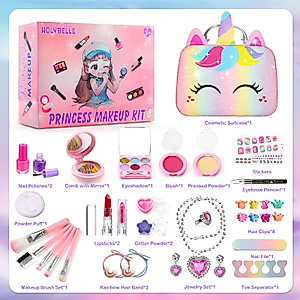 HOLYBELLE Kids Pretend Play Makeup Kit for Girl Toys,Washable Girls Makeup Kit for Kids with Unicorn Bag,Make Up Kit for Toddler Princess Christmas Birthday Gifts for Girls Age 3 4 5 6 7 8 9 10 11 12