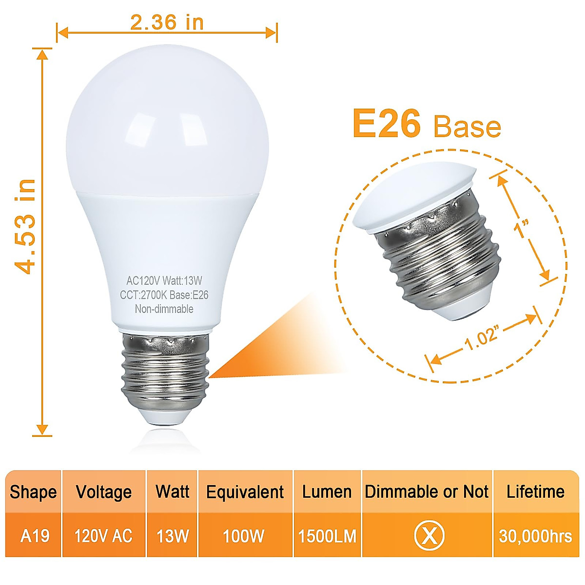 Marxlait 8 Pack LED Light Bulbs 100 watt Equivalent, Efficient 13W, Warm Light Bulbs 2700K, E26 Medium Base, Standard A19 LED Bulb, 120V, Non-Dimmable