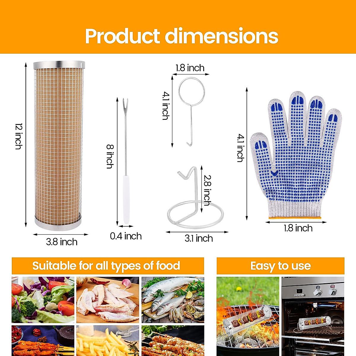 [2 PCS]BBQ Grill Basket - Rolling Grilling Baskets for Outdoor Grilling,Grill Baskets for Outdoor Grill Vegetables,Round Grill Basket,Barbecue Grill Vegetable Basket for Veggies,Fish,Jalapeno,Cylinder
