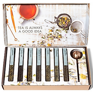 Thoughtfully Gourmet, Tea Therapy Infusion Gift Set, 7 Unique Flavors and Reusable Copper Ball Infuser, Loose Leaf Tea Set Flavors Include Peppermint, Jasmine, Vanilla Chai and More, Set of 7