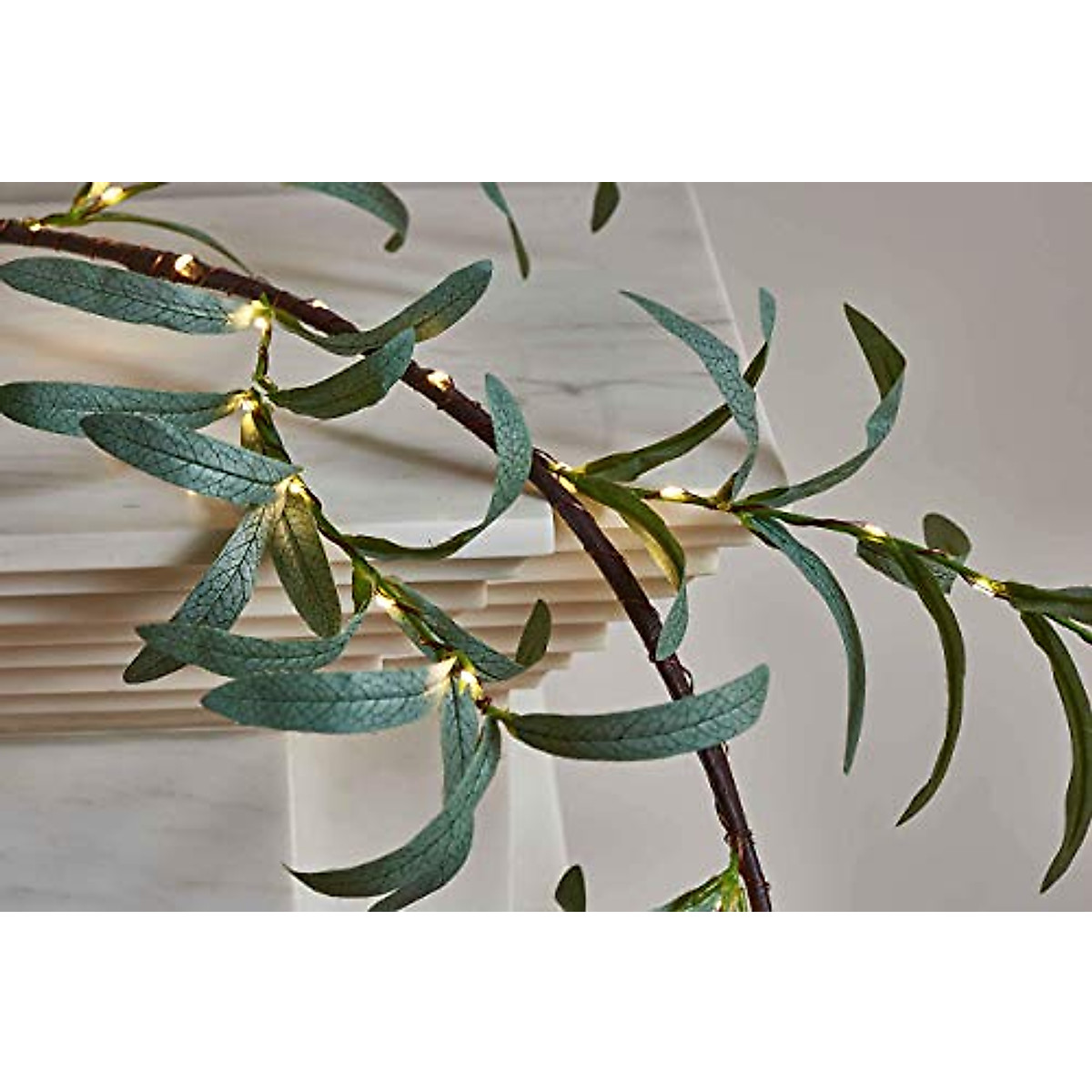 Hairui Lighted Artificial Olive Garland 6FT 96 LED Fairy Lights Battery Operated, Faux Vine Lights with Timer for Spring Christmas Holiday Fireplace Décor