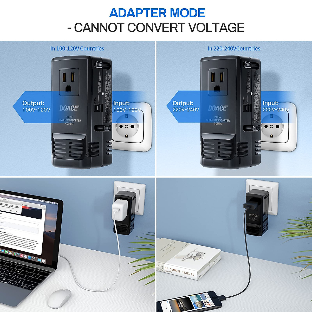 DOACE C8 2000W Travel Voltage Converter 220V to 110V for Hair Dryer Steam Iron, 8A Universal Power Adapter with All in One UK/AU/US/EU Worldwide Plug Wall Charger for Laptop Tablet Camera Cell Phone