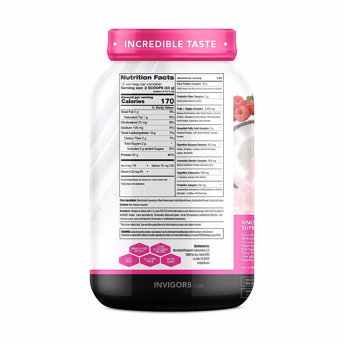 INVIGOR8 Superfood Grass Fed Whey Protein Isolate Shake Natural Strawberry Gluten-Free and Non GMO Meal Replacement with Probiotics and Omega 3 (645g)