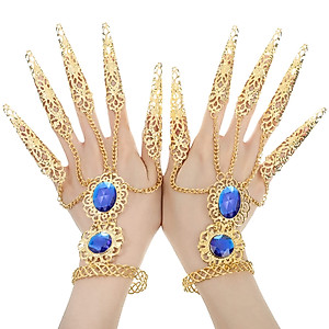Maitys 2 Pcs Gold Bracelets Inlaid with Acrylic Women Belly Dance Gypsy Egyptian Bracelet with Finger Nails Halloween Costume (Sapphire)