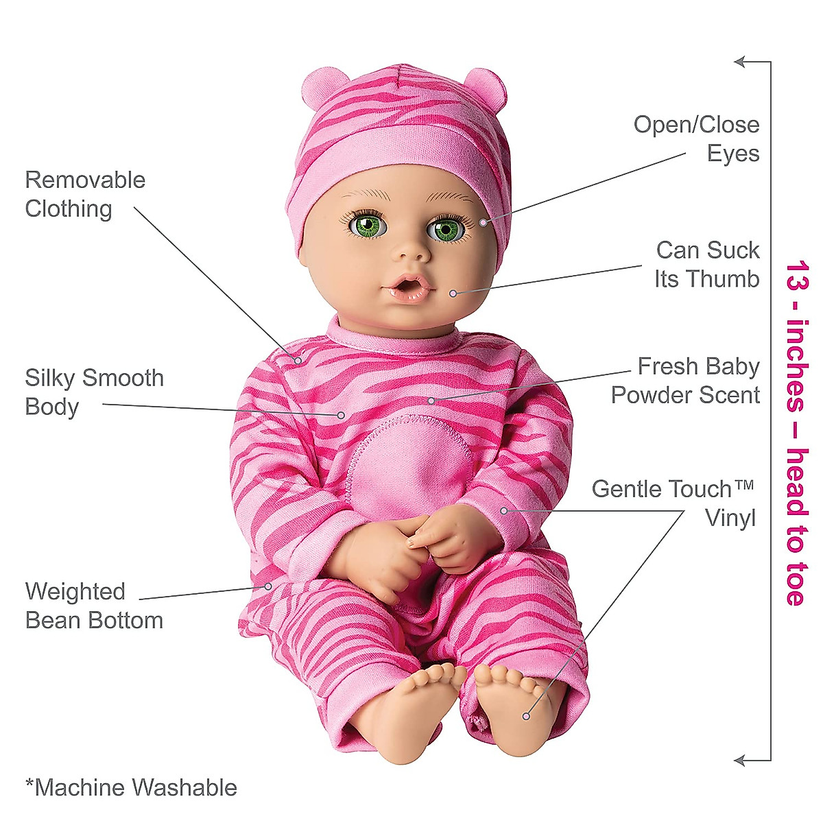 Adora Play Time Babies Collection, 13" Baby Doll with Doll Clothes and Accesories, Made with Sweet Baby Powder Scent, and GentleTouch Vinyl Body, Birthday Gift for Ages 1+ - Baby Pink