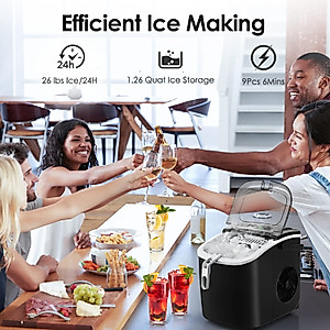FREE VILLAGE Countertop Ice Maker, Portable Ice Maker w/Handle, 6 Mins 9 Pcs Ice, 26 lbs Ice/24Hrs, Self-Cleaning, w/Ice Bags, Scoop & Basket, Ice Machine for Home/Kitchen/Office/Party, Black