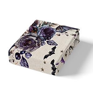 Manfei Happy Halloween Fitted Sheet Full Size, Cute Gnome Ghost Bed Cover with 2 Pillowcases, Gothic Moth Floral Bedding Set 3pcs for Kids Boy Girl Room Decor, Soft Polyester Bedding