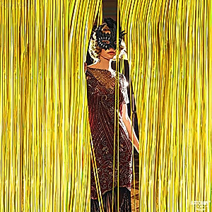 KatchOn, Holographic Gold Fringe Curtain Backdrop - XtraLarge, 6.4x8 Feet Pack of 2 | Holographic Gold Foil Curtain, Gold Streamers Party Decorations | Gold Backdrop, New Years Eve Party Supplies 2024
