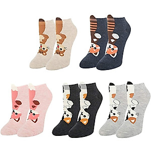 Everything Socks Animal Socks for Women men girls teens and kids- 5 Pack Includes Calico Cat, Fox, Red Panda, and Chipmunk Design- Fun ankle socks for Children & Adults