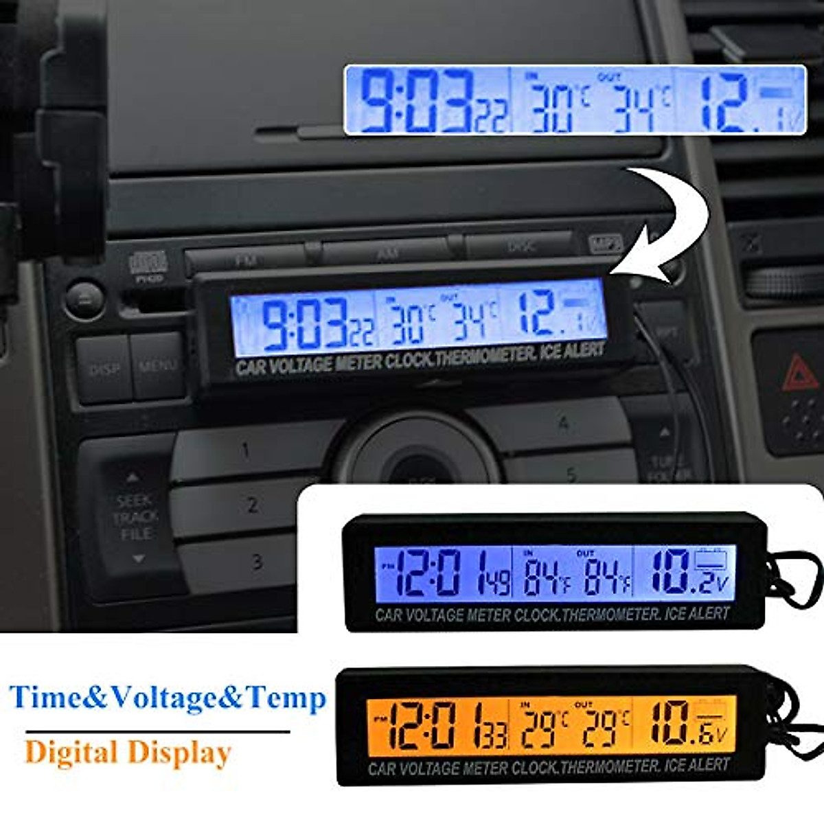 Car 3 in1 LED Digital Display Clock in/Out Tempeure Thermometer Voltage Monitor Meter