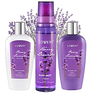 Bath and Body Gift Set for Women & Men, Honey Lavender Home Spa Set With Natural Extracts, Vitamin E, Shea Butter - Shower Gel, Body Lotion, Body Mist, Personal Self Care Kit, Body Care Travel Set