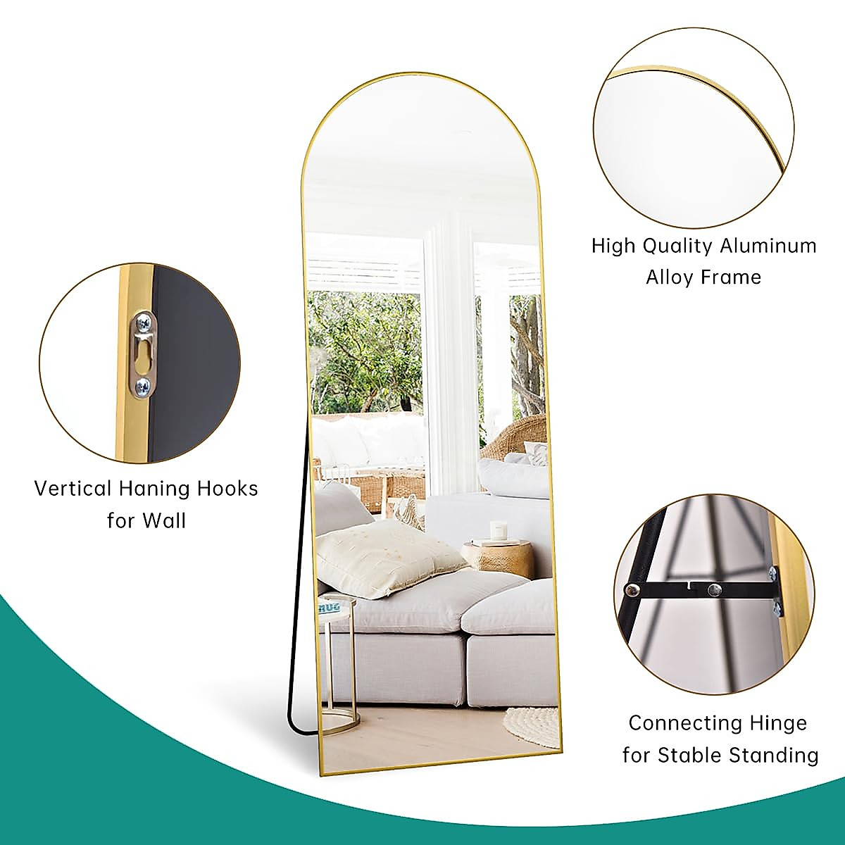 TinyTimes 64''x21'' Arched Full Length Mirror with Stand, Full Body Mirror, Mirror Full Length, Gold Floor Mirror Freestanding, Wall Mounted Mirror for Bedroom Living Room Cloakroom, Gold