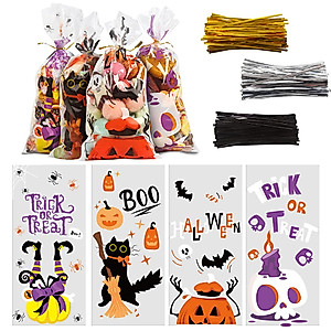 KIMOBER 160PCS Halloween Candy Treat Bags,Cellophane Goodies Bags with Twist Ties for Halloween Party Favor Supplies