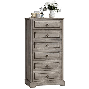 HOSTACK 6 Drawers Dresser, 52" Tall Dresser, Vertical 6 Drawer Dresser, Modern Farmhouse Chest of Drawers, Wood Closet Dresser Storage Dresser Chest for Living Room, Hallway, Entryway, Ash Grey