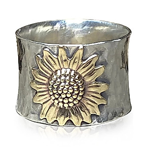 SWBRJ Blooming Sunflower Wide Band Ring for Women,Silver Big Large Flower Punk Gothic Chunky Ring,Thumb Index Full Finger Floral Ring Boho Jewelry Gift for Her (Ring_Flower, 7)