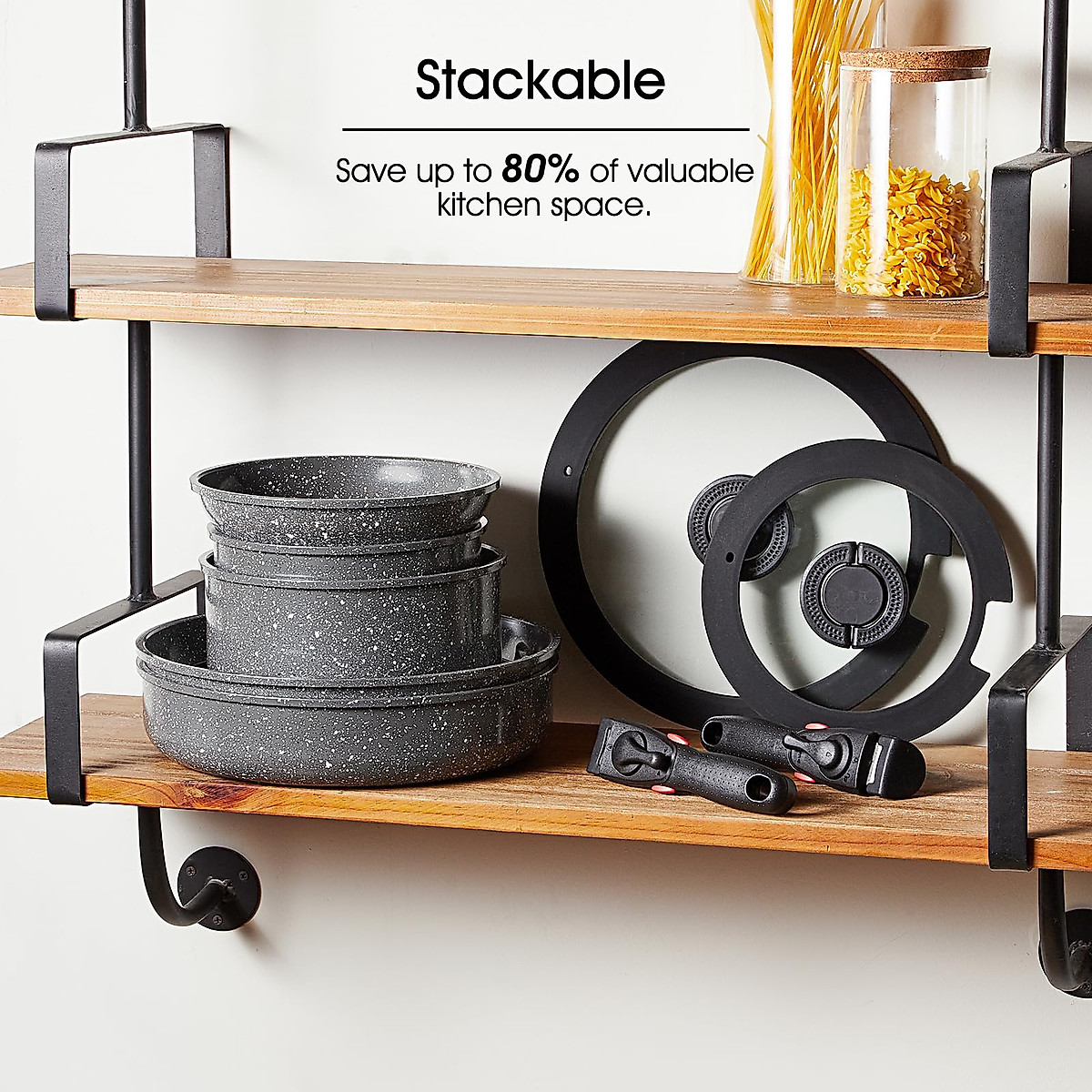 ROSSETTO 7pcs Pots and Pans Set Non Stick from France, Ceramic Cookware Set with Removable Handle, Induction RV Kitchen Cookware Set, Stackable, PFOA and PFAS Free, Oven Safe, Black Granite