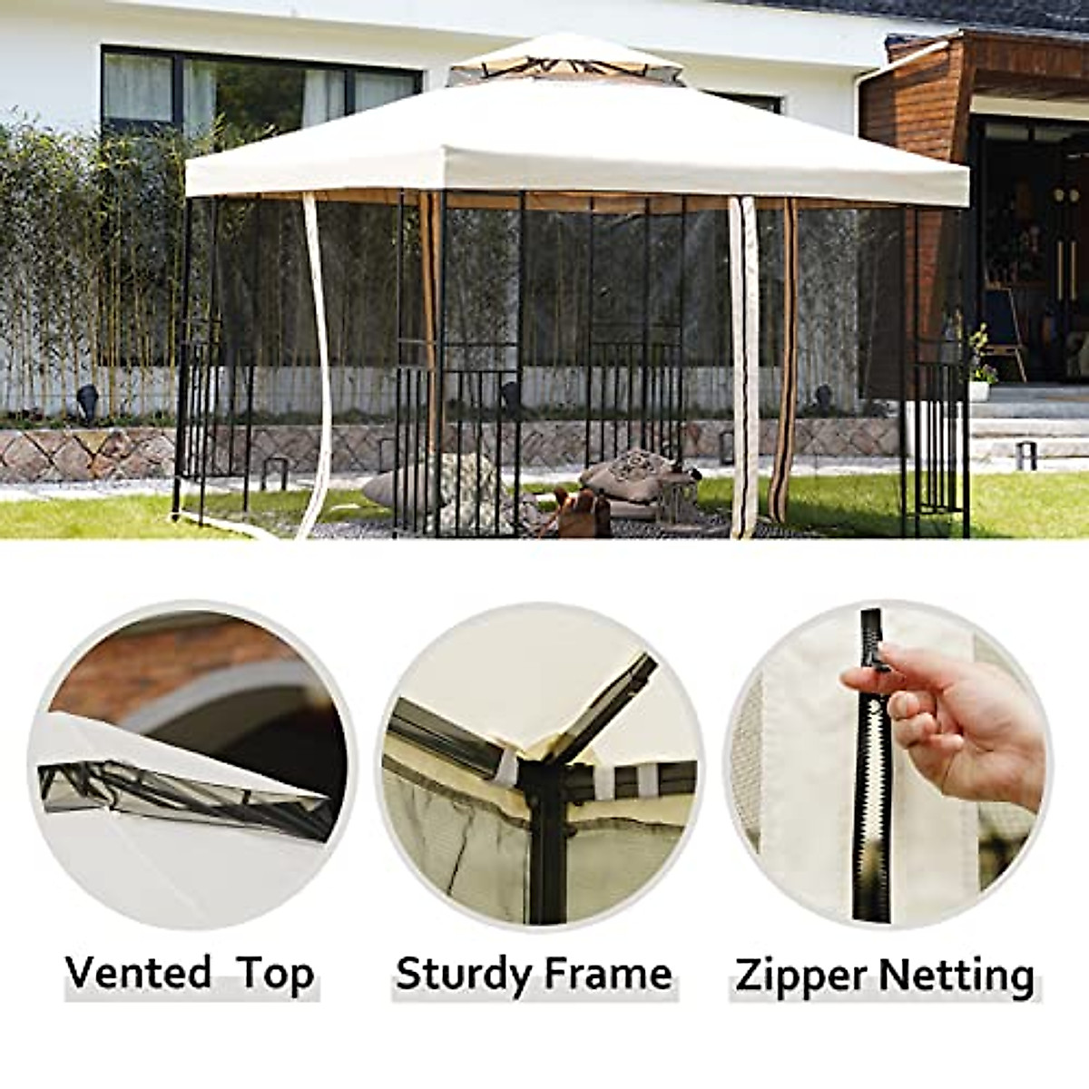 Yangming Gazebo 10X10 ft Outdoor Gazebos Clearance with Outside Mosquito Netting for Patio Deck Backyard Garden, Beige and Black