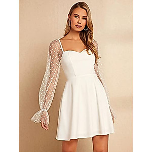 WDIRARA Women's Polka Dots Mesh Long Sleeve A Line Mini Flowy Wedding Guest Bridesmaid Dress White M
