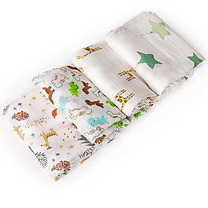upsimples Baby Swaddle Blanket Unisex Swaddle Wrap Soft Silky Bamboo Muslin Swaddle Blankets Neutral Receiving Blanket for Boys and Girls, 47 x 47 inches, Set of 4 - Fox/Elephant/Giraffe/Dinosaur