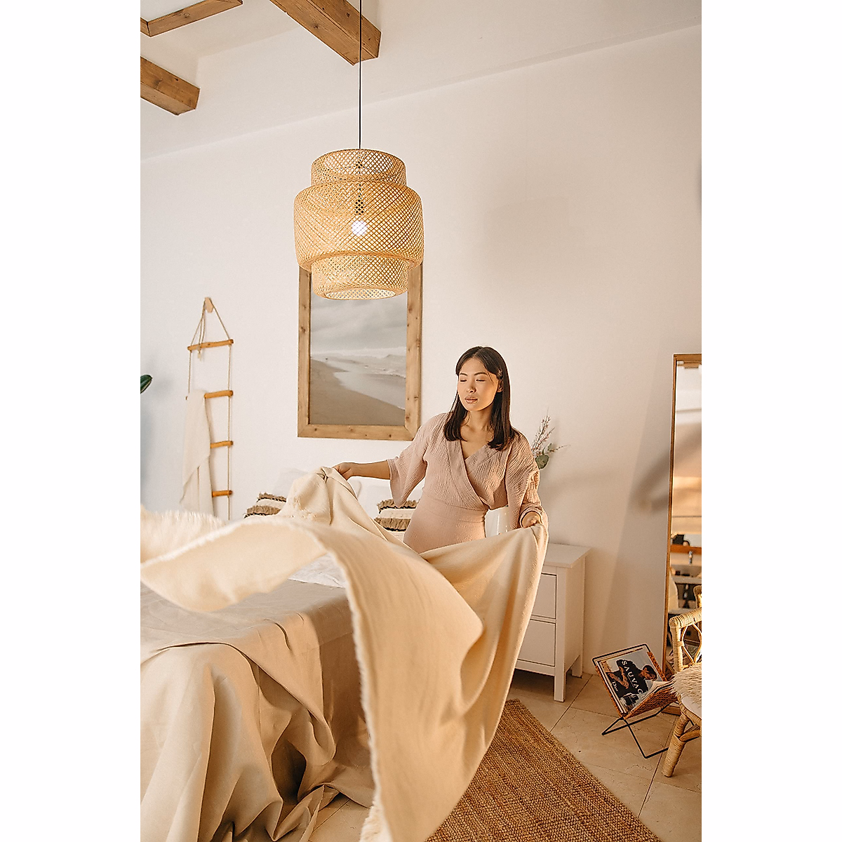 Frontsea Rattan Pendant Lighting for Kitchen | Bamboo Lampshade Handmade Weave Lighting | Wooden Boho Decor | Modern Hanging Ceiling Light Fixture (16inch)