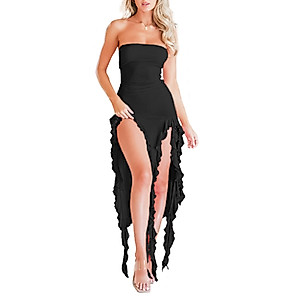 Women’s Bodycon Tube Dress Sexy Strapless Y2K Ruffle Trim Irregular Floral Tassel Split Ruched Club Night Party Midi Dress (as1, Alpha, s, Regular, Regular, Black)
