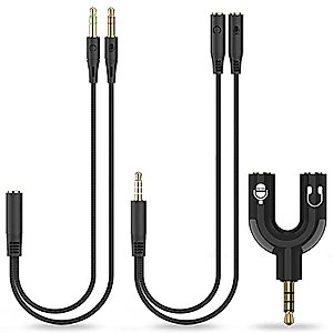 sovunis Headphone Splitter Adapter, 3-in-1 Pack 3.5mm Male to 2 Port 3.5mm Female & 3.5mm Female to 2 Port 3.5mm Male Aux Stereo Y Jack Cable for PS4, Xbox, Phone, PC, Tablet, Laptop, Gaming Headset