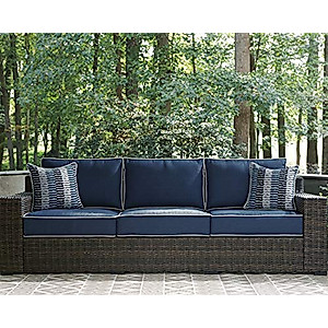 Signature Design by Ashley Grasson Lane Outdoor Patio Wicker Sofa with Cushion and 2 Pillows, Brown & Blue