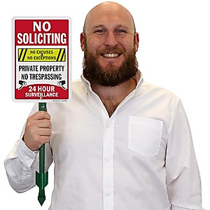 SmartSign “No Soliciting No Excuses - Private Property, No Trespassing, 24 Hour Surveillance” Sign for Lawn | 21” Tall Stake & Sign Kit