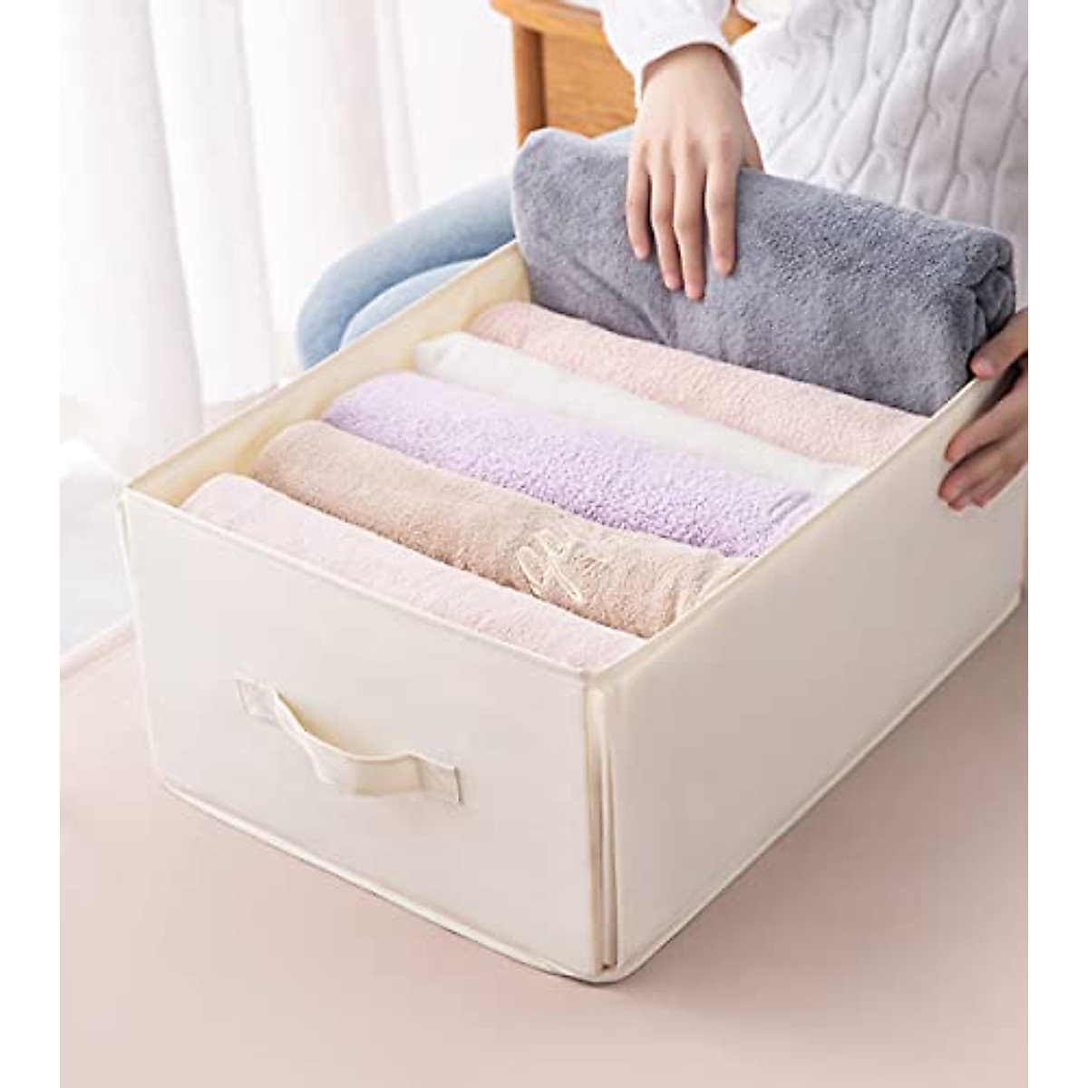 AARAINBOW 2 Pcs Closet Clothes Organizer with Handle, Stackable Shelf Storage Baskets with Dividers, Foldable Wardrobe Storage Box Drawer Divider for Jeans Pants Sweater (7 Grids Gray)