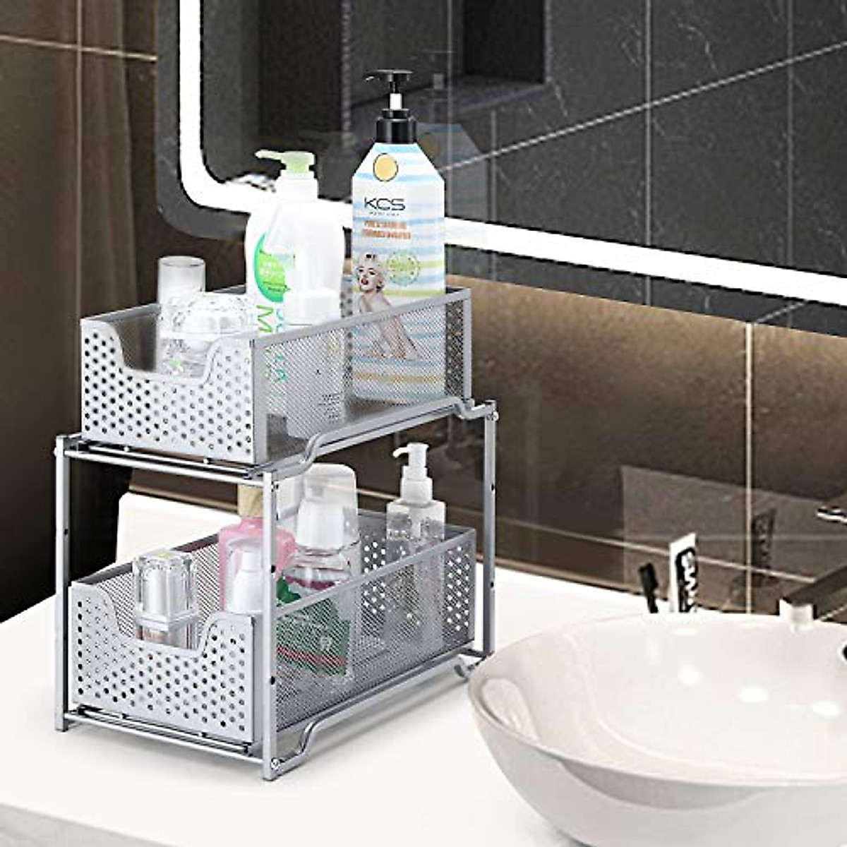 2 Pack - Simple Trending Stackable 2-Tier Under Sink Cabinet Organizer with Sliding Storage Drawer, Silver