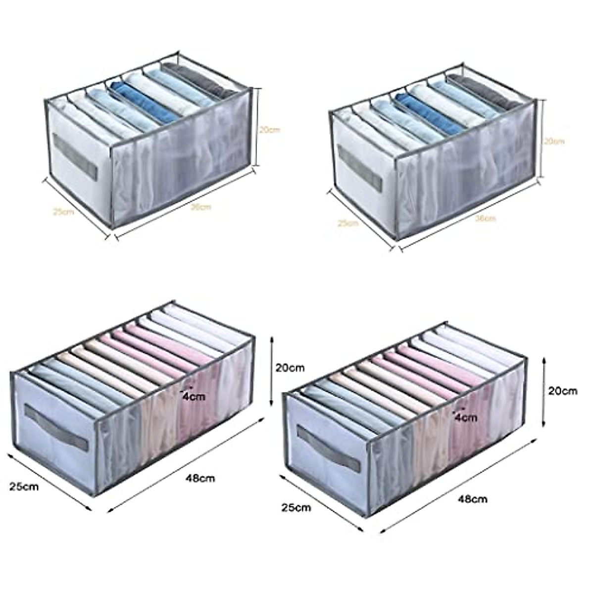 Mesh Wardrobe Clothes Organizer for Jeans and shirt, Upgraded Sturdy Large Drawer storage box for Clothing with Handle Foldable, Drawer Organizers Clothes (4 Packs: Shirt+Jeans+T-Shirt, Grey)