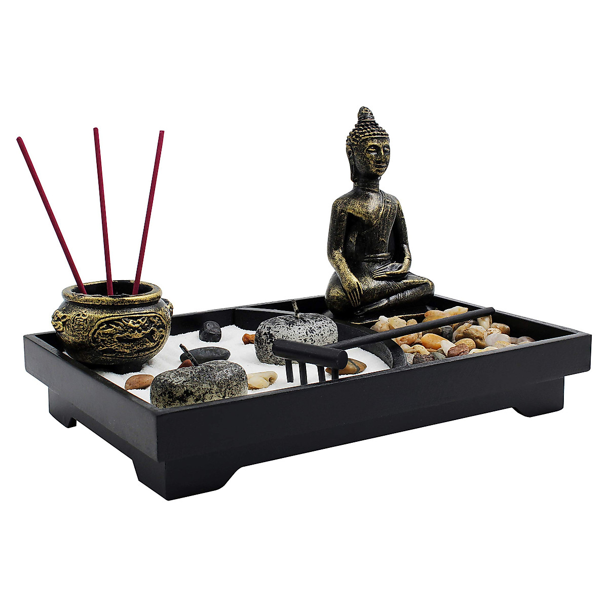 Royal Brands Zen Garden with Buddha, Rake, Rock Candle, and Incense Holder – Peace and Tranquility (9"x6"x7")