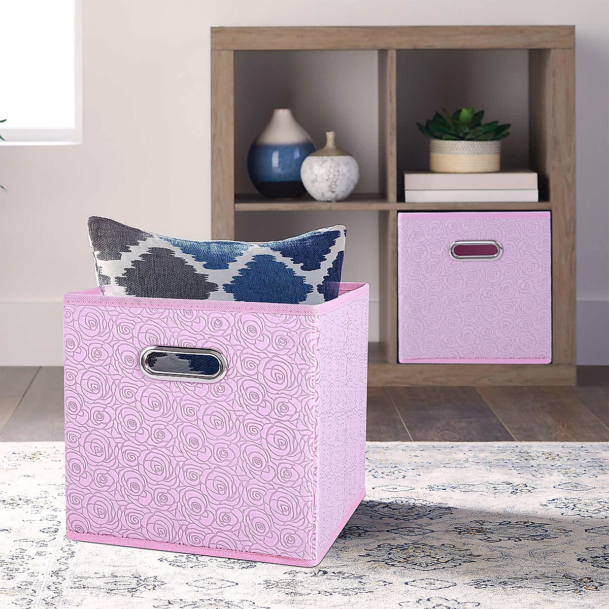 ANMINY 3PCS Storage Cubes Set Romantic Rose Print Large Storage Bins Boxes Baskets Non-Woven Fabric with Handles Desktop Closet Shelf Foldable Organizer Container for Home Office 11"x 11"x 11" - Pink