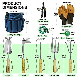 Natury Gardening Tool Set – Premium Stainless Steel Gardening Hand Tools with Solid Beechwood Handle – Gardening Kit with Rake, Shovel, Gloves, Shears, Tool Organizer – Garden Gifts for Women and Men