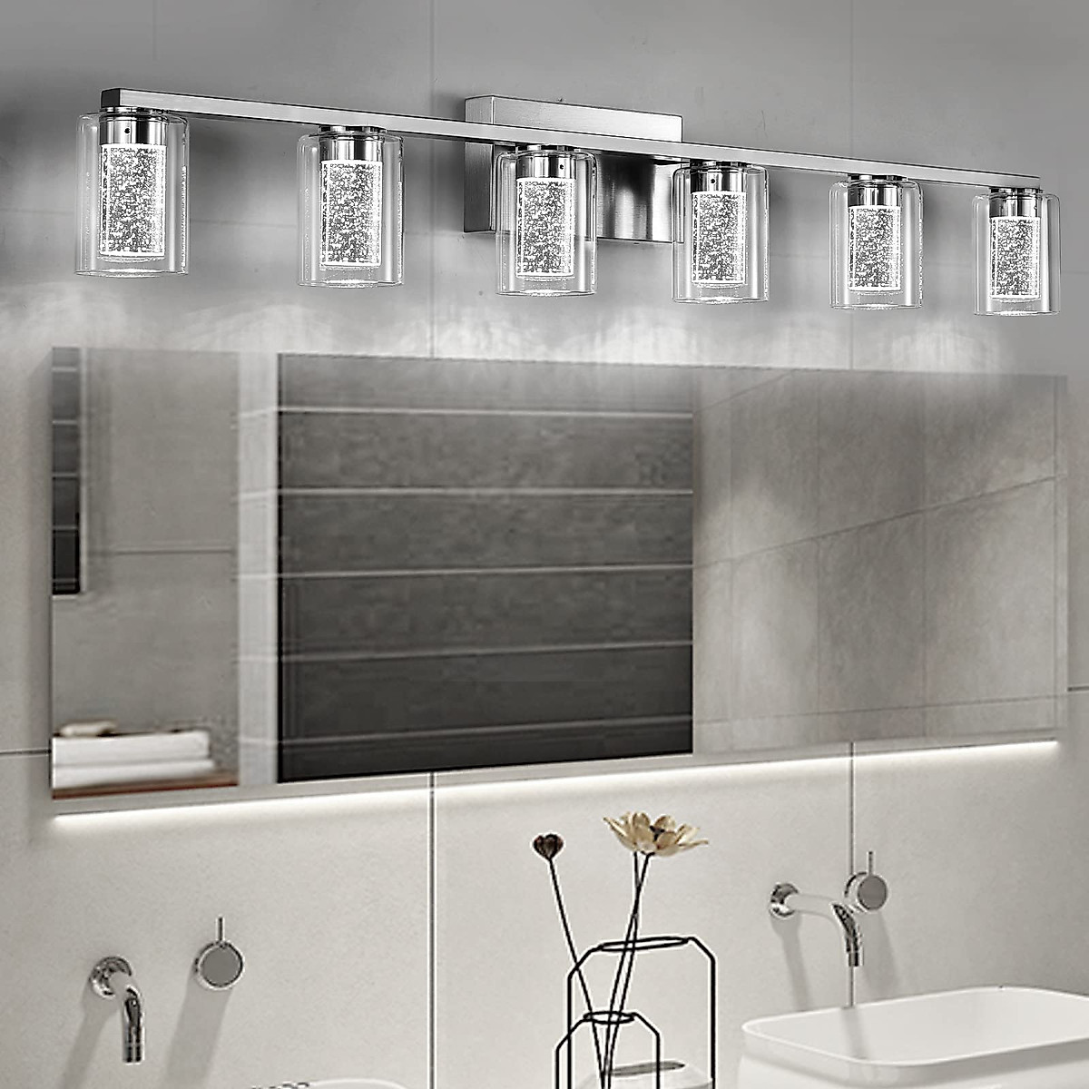 SADENICEL 6 Light Brushed Nickel Bathroom Light Fixtures, LED Vanity Lights Crystal White/Neutral/Warm Bathroom Lights Over Mirror for Bathroom, Bedroom,Living Room (6 Light)