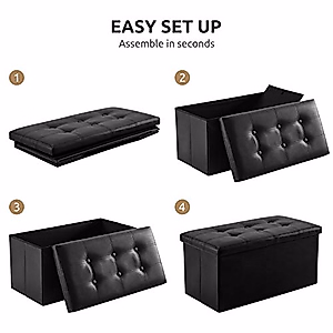 YOUDENOVA 30 inches Folding Storage Ottoman, 80L Storage Bench for Bedroom and Hallway, Faux Leather Black Footrest with Foam Padded Seat, Support 350lbs