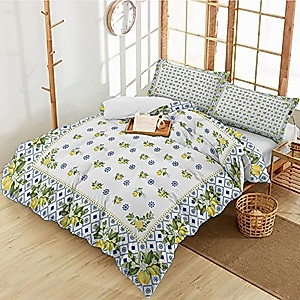 3 Pieces Duvet Cover California King Bedding Sets Summer Lemon Flower and Leaves Luxury Soft Comforter Cover with Pillowcases Retro Tile Lattice on White Microfiber Quilt Covers Set for Bedroom Decor