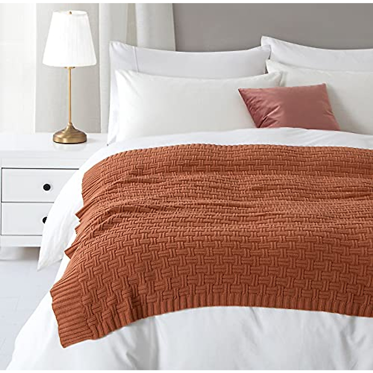 RUDONG M Brown Cotton Cable Knit Throw Blanket, Cozy Warm Knitted Couch Cover Blankets, 60 x 80 Inch