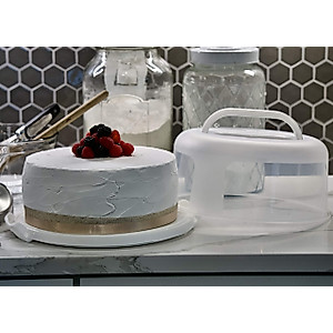 Top Shelf Elements Round Cake Carrier Two Sided Cake Holder Serves as Five Section Serving Tray, Portable Cake Stand Fits 10 inch Cake, Cake Box Comes with Handle, Cake Container Holds Pies (White)