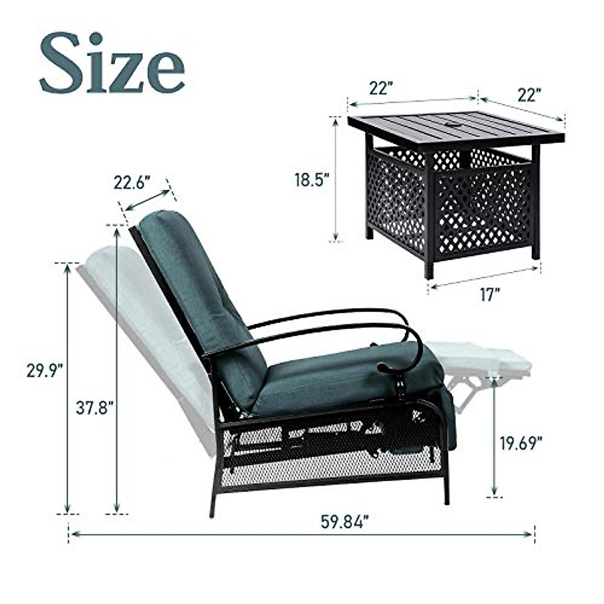 Oakcloud Adjustable Outdoor Lounge Chair Metal Patio Relaxing Recliner Chair Set with Bistro Table and Removable Cushions(Peacock Blue)