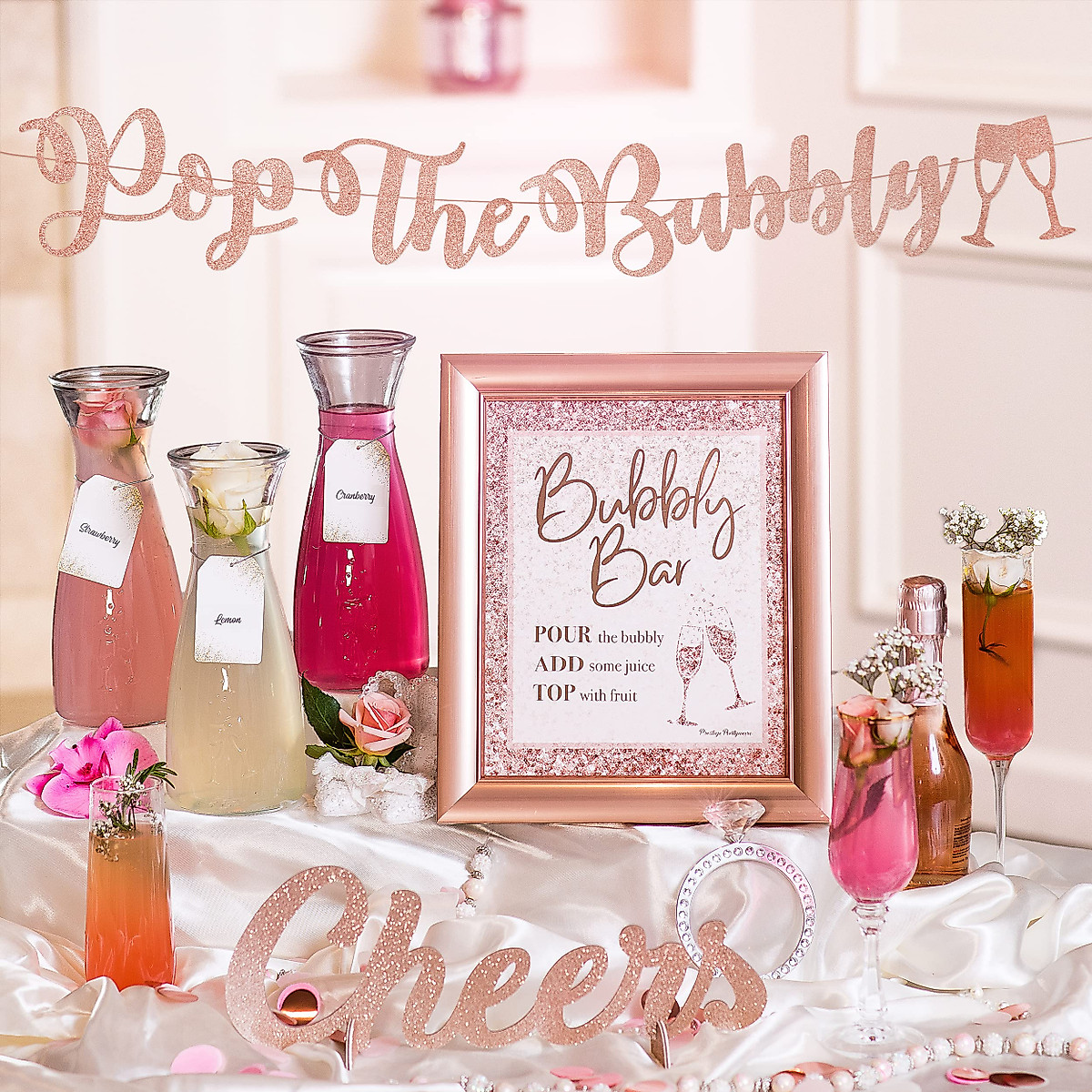PRESTIGE Mimosa Bar Kit | Bridal Shower Decorations, Rose Gold Bachelorette Party Decorations, Bridal Shower Decor, Brunch & Bubbly Bar Sign, Pink Galentines Day Decorations, Mothers Baby Girl (Rose)
