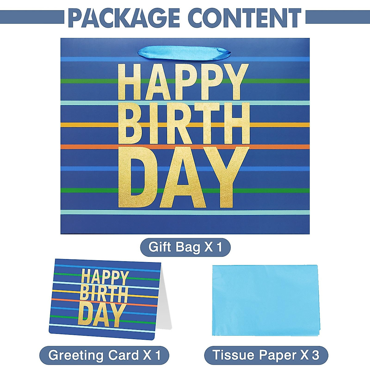 13" Large Blue Gift Bag with Tissue Paper, Card and Handles for Men's Birthday, Kids' or Baby Boy (Stripe)