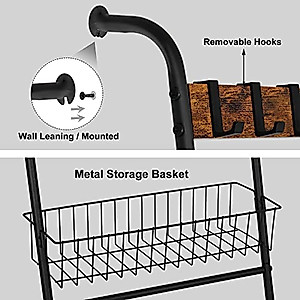 Blanket Ladder Wall-Leaning Blanket Ladder Rack Holder with Removable Hooks and Storage Mesh Baskets Metal Decorative Towel Ladder Shelf for The Living Room Outdoor Pool Black 5 Layer