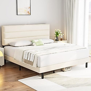 IYEE NATURE Full Bed Frame with Headboard,Sturdy Platform Bed with Wooden Slats Support,No Box Spring,Mattress Foundation,Easy Assembly,Beige