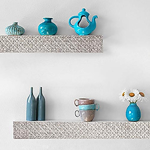 American Art Decor Rustic Wood Embossed Floral Floating Wall Shelf - Greywashed (24" x 9")