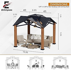 Erinnyees 12' x 12' Octagonal Hardtop Gazebo, Aluminum Frame with Wood Grain Finish, Double-layer Galvanized Steel Roof, Fully Enclosed Sidewall, Easy to Assemble