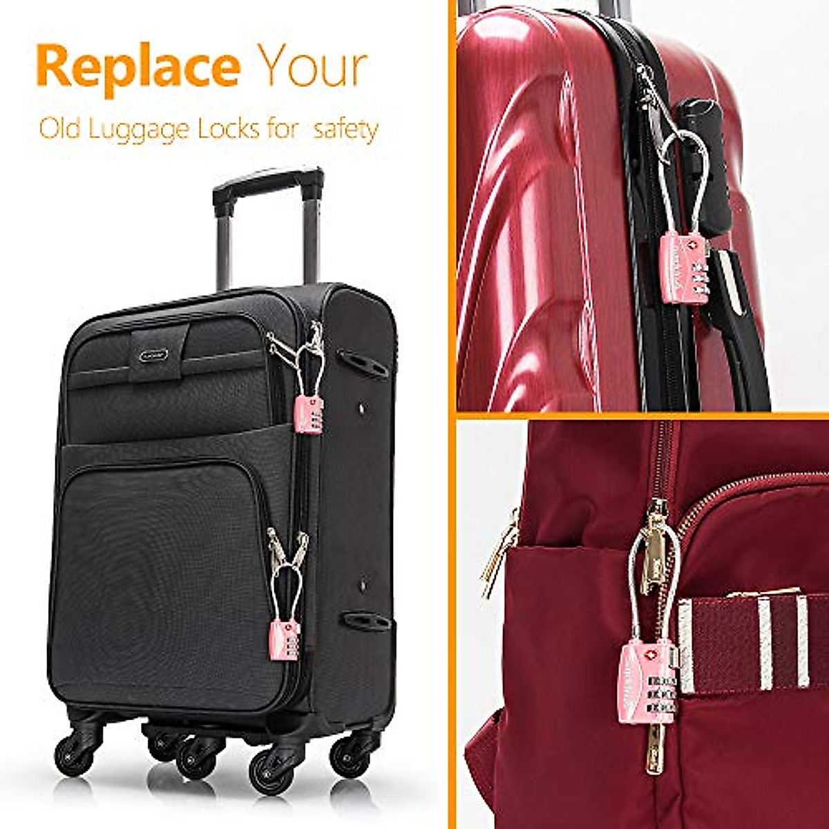 TSA Approved Luggage Locks, Easy Re-settable Combination Backpack Lock, Travel Lock for Suitcase, 1,2 & 4 Pack (Pink 2 Pack)
