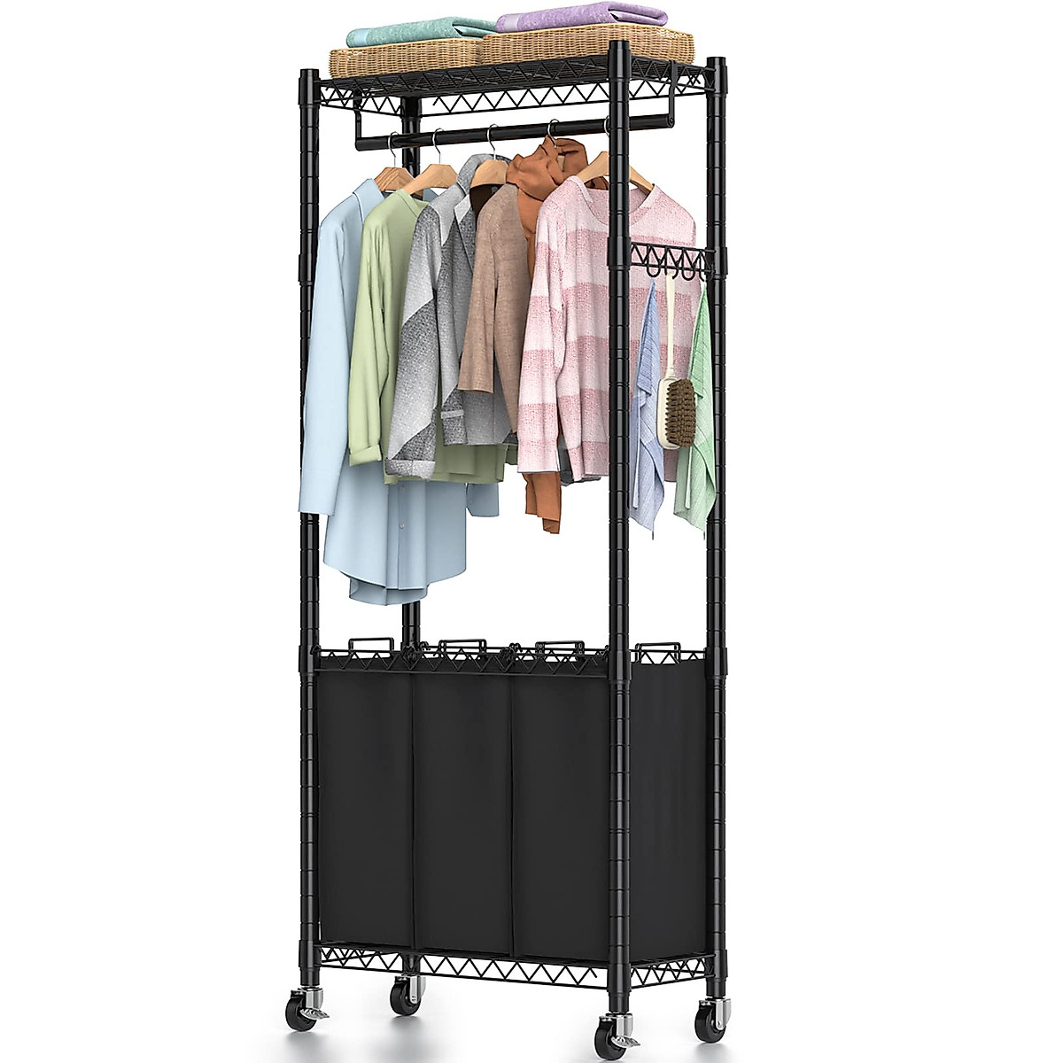 Hodonas Rolling Laundry Basket Organizer with Wheels and Hanging Bar, Laundry Hamper Cart Laundry Sorter 3 Section, Dirty Clothes Hampers for Laundry Bedroom Bathroom w/ 3 Removeable Bags, Black